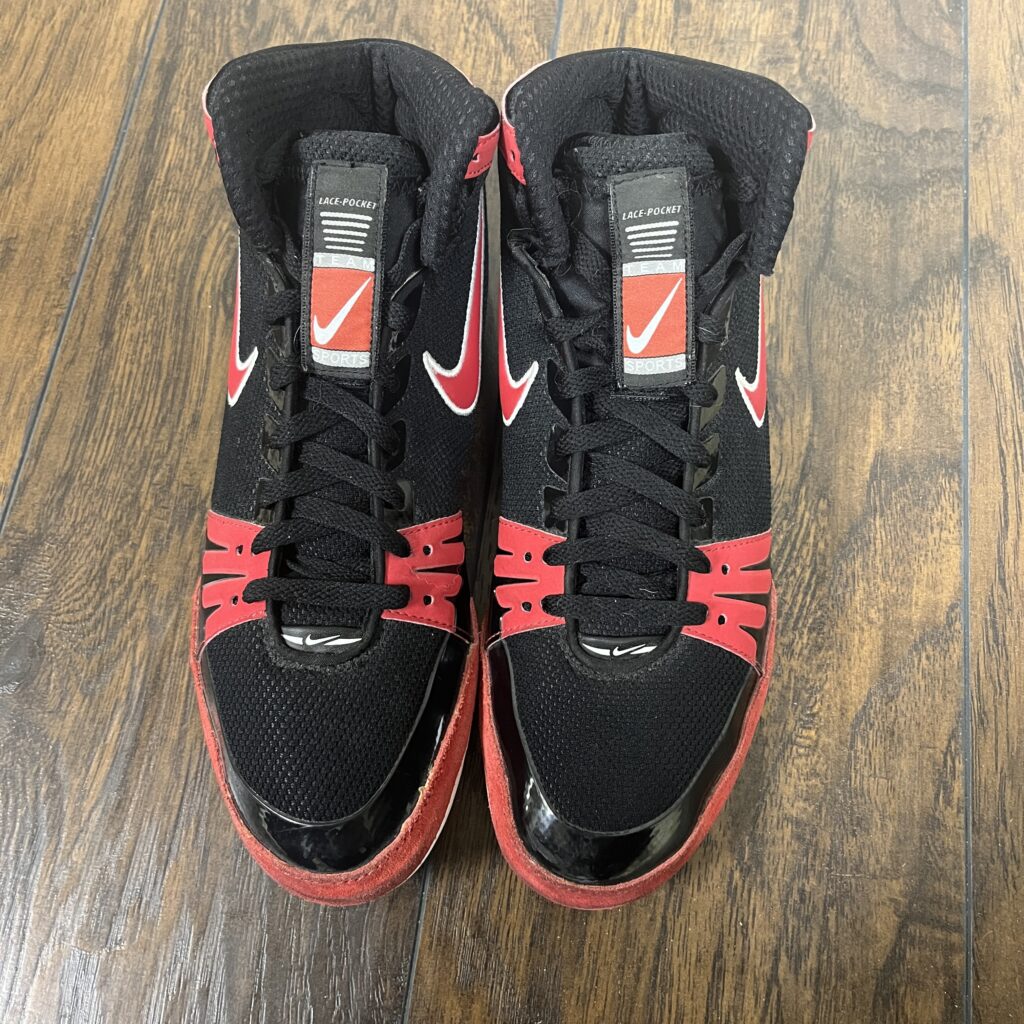 Red, Black, and White Nike Freeks Wrestling Shoes